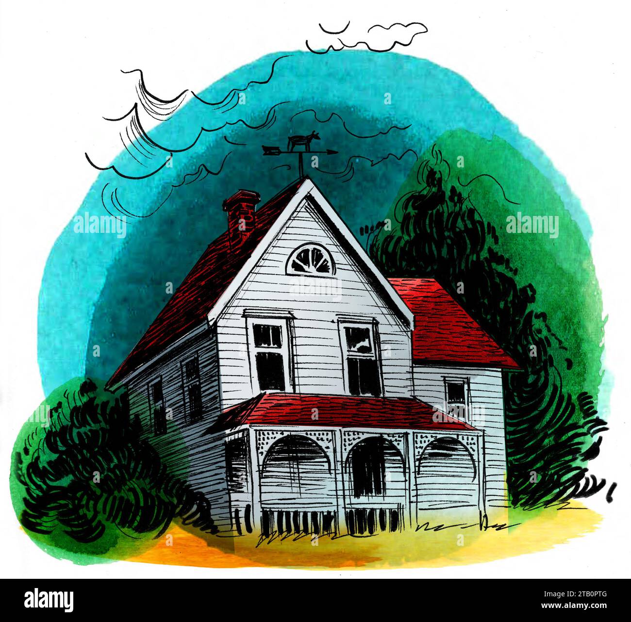 Old house in the countryside. Hand-drawn ink and watercolor sketch ...