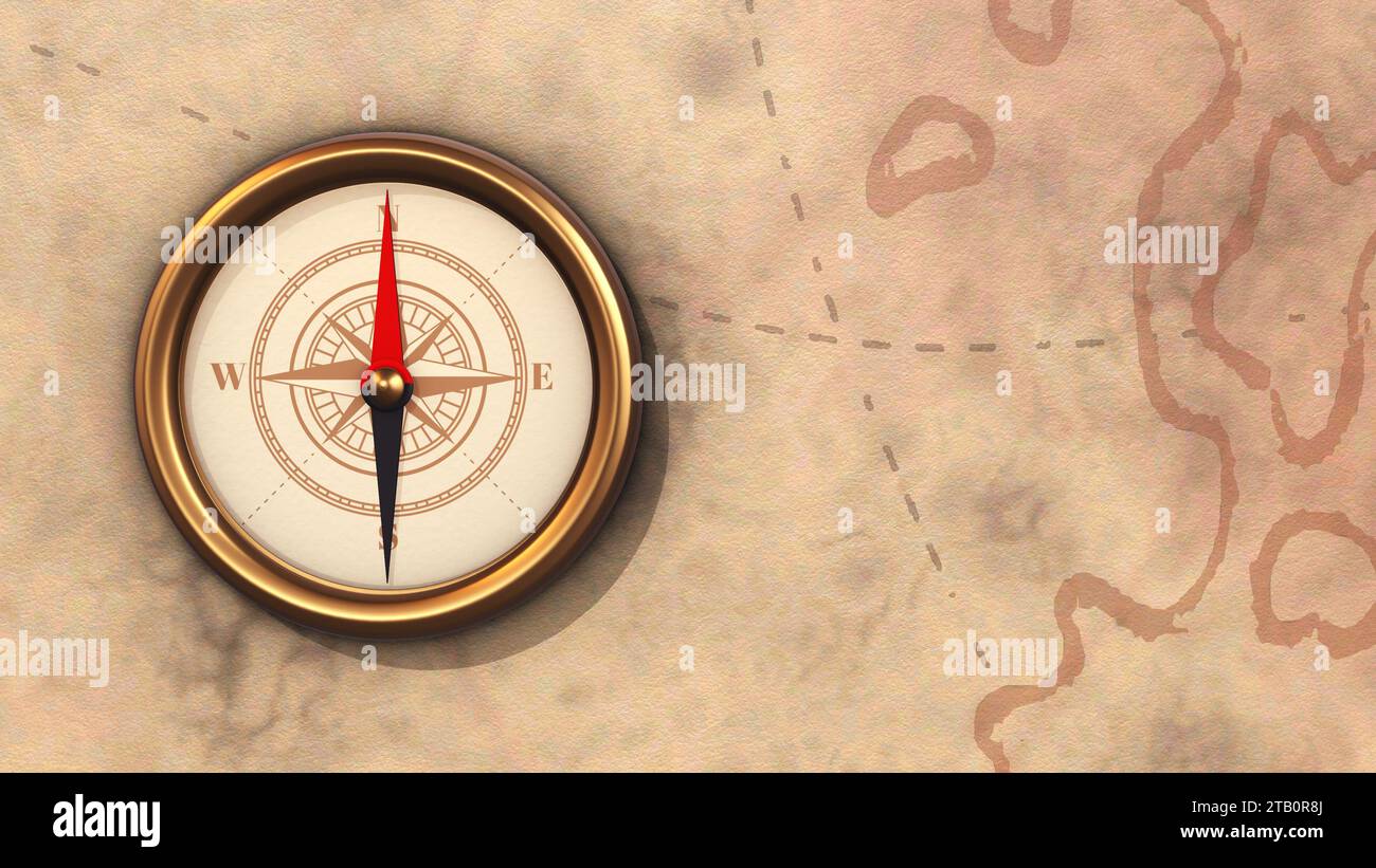 Vintage style compass needle spinning on old map with copyspace Stock ...