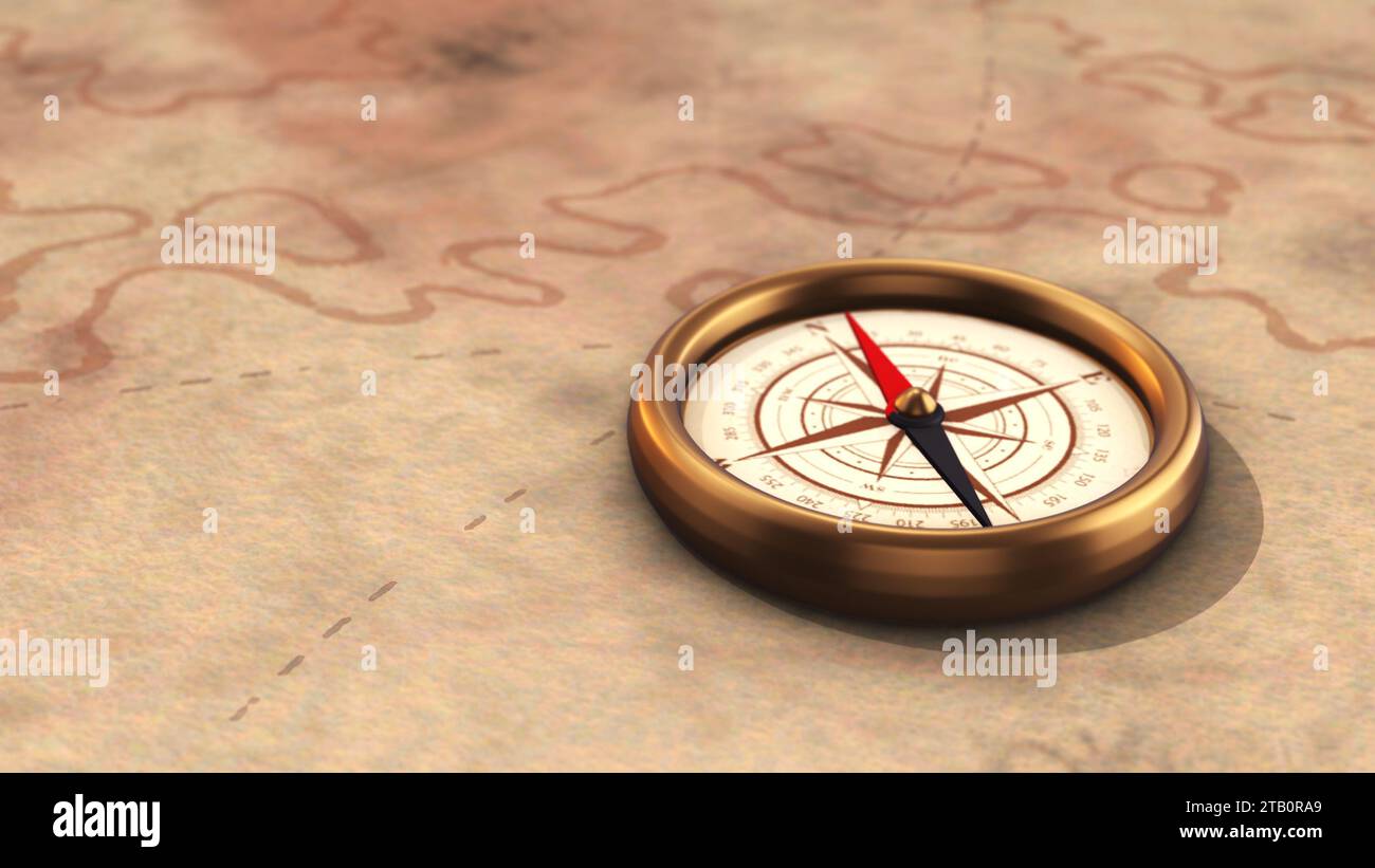 Vintage style compass needle spinning on old map Stock Photo - Alamy