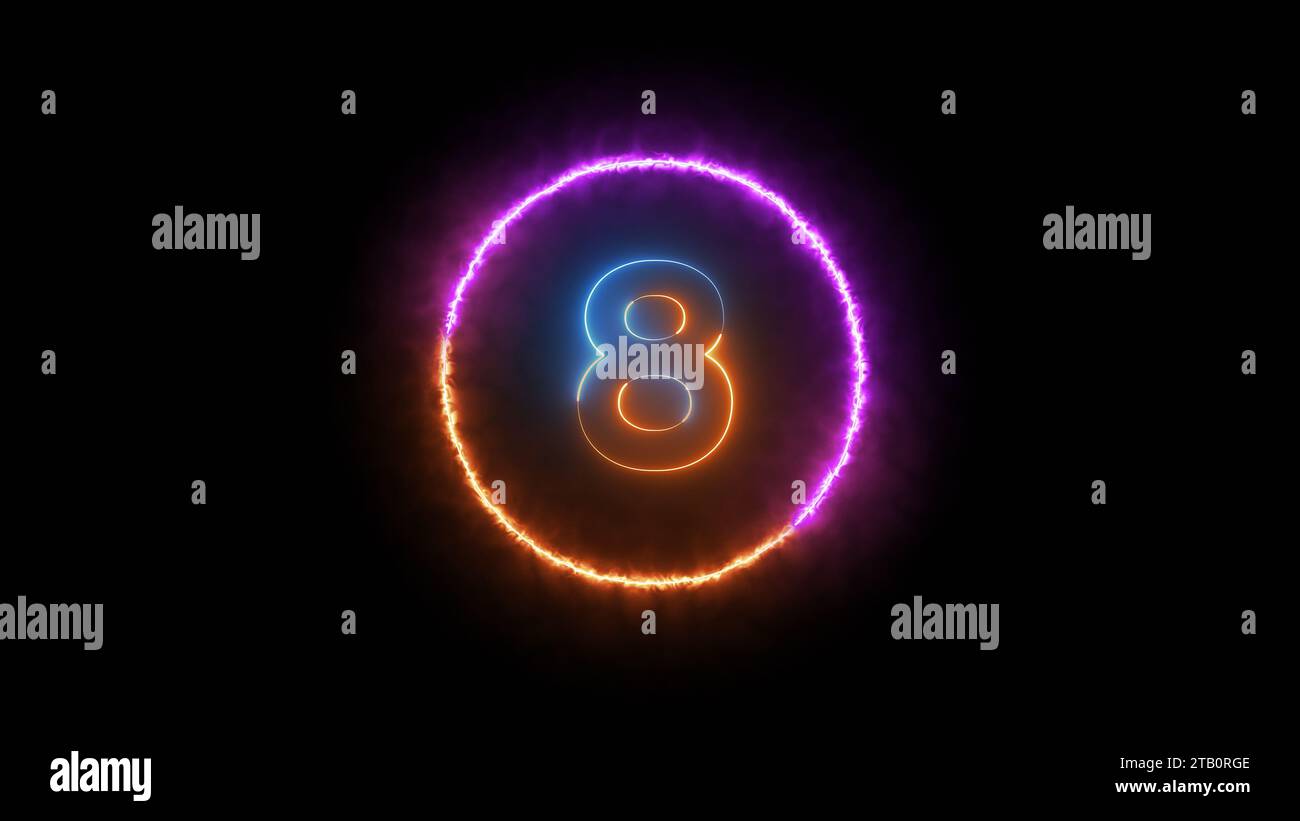 Number eight glowing in the dark orange blue neon light Stock Photo - Alamy