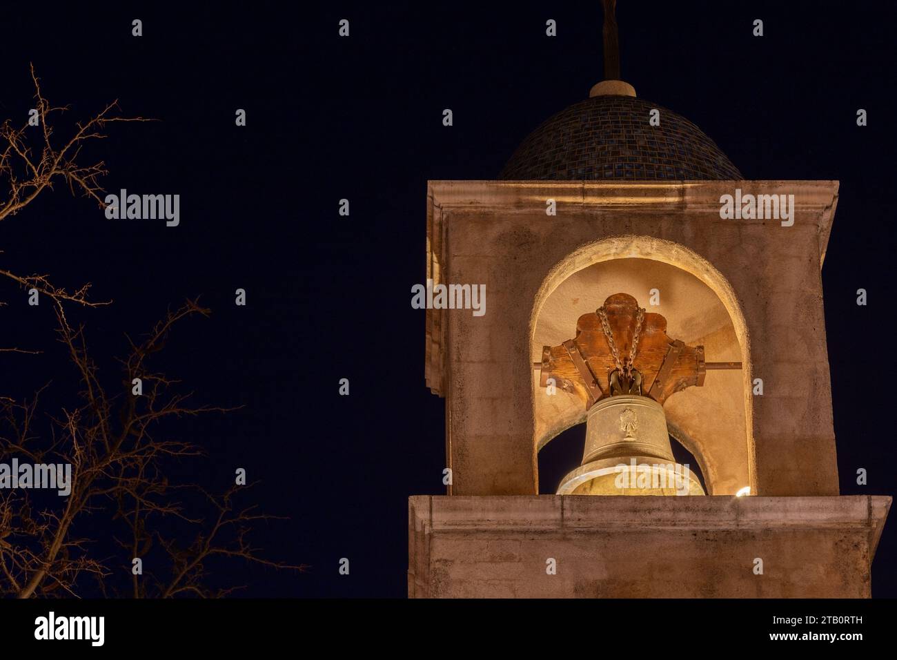 Illuminated Tower Bell on Old Catholic Church Exterior, Night Sky ...