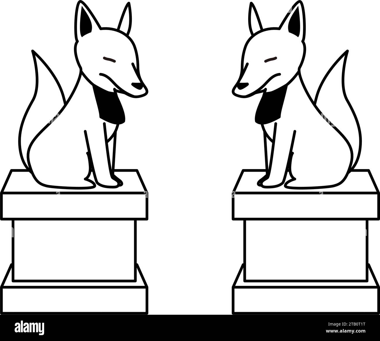 Two Inari statues facing each other. Monochrome line drawing. God of ...
