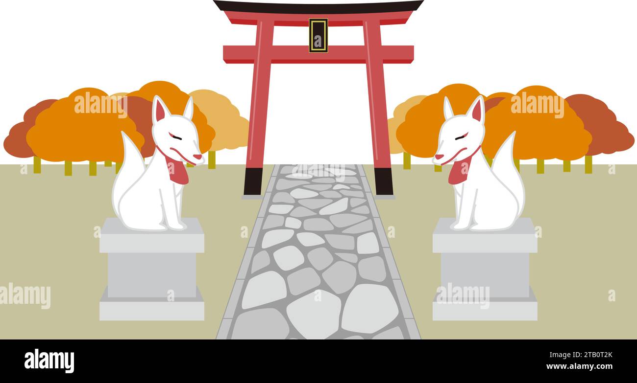 Autumn scenery with shrine torii gate and stone statue of Inari-san ...