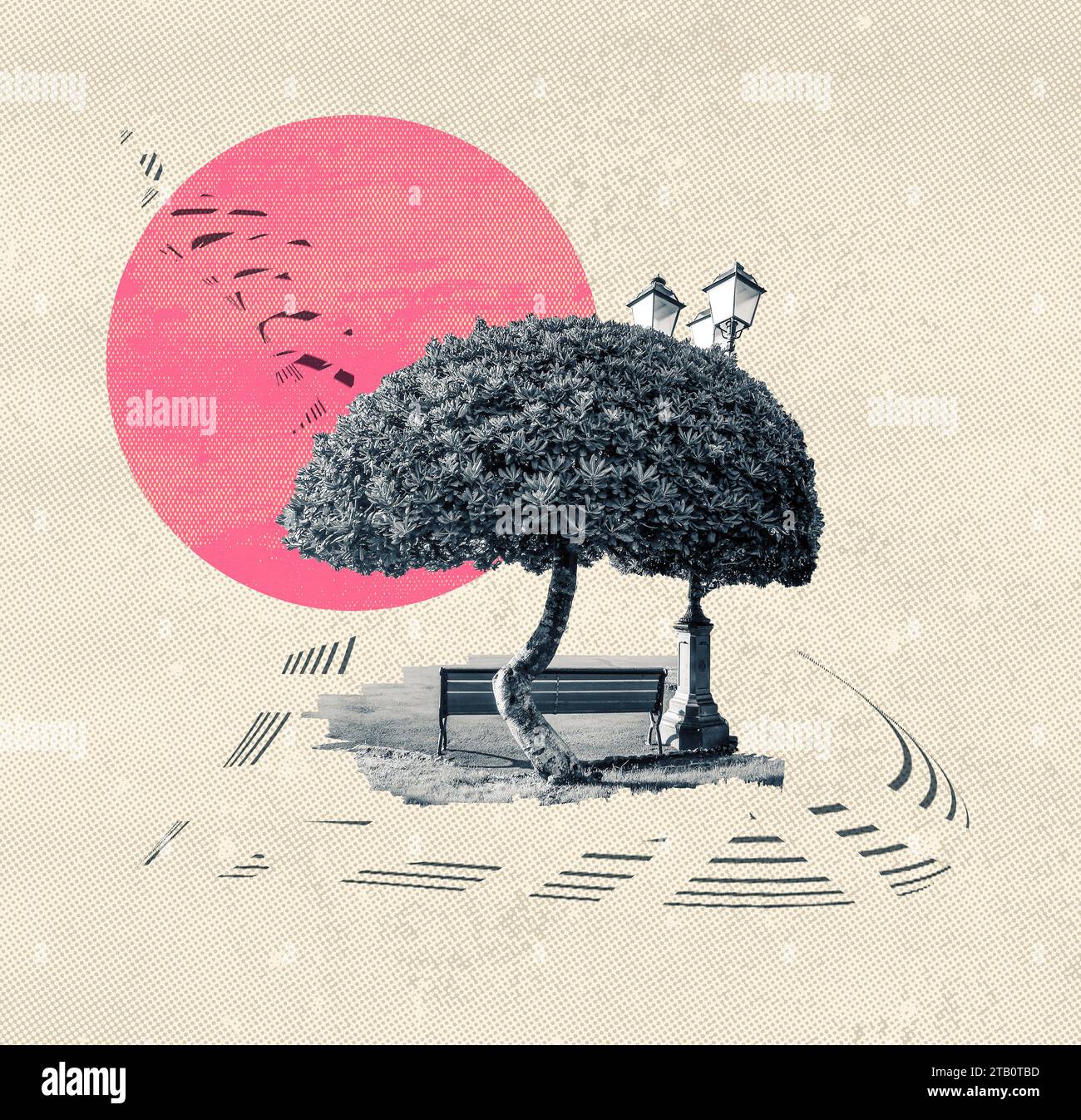 Creative art design, collage with tree, sun and bench on nature ...