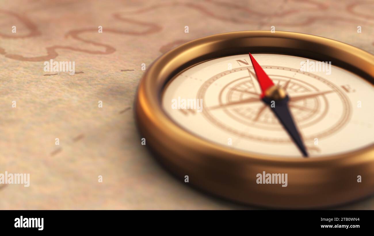 Defocused Vintage Compass Pointing North on Old Map with Copyspace ...