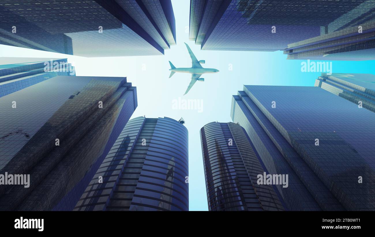 Modern financial buildings with flying aeroplane Stock Photo - Alamy