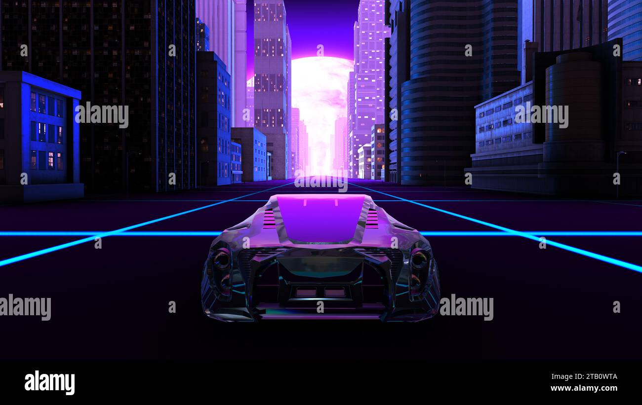 Retro futuristic cityscape with car Stock Photo - Alamy
