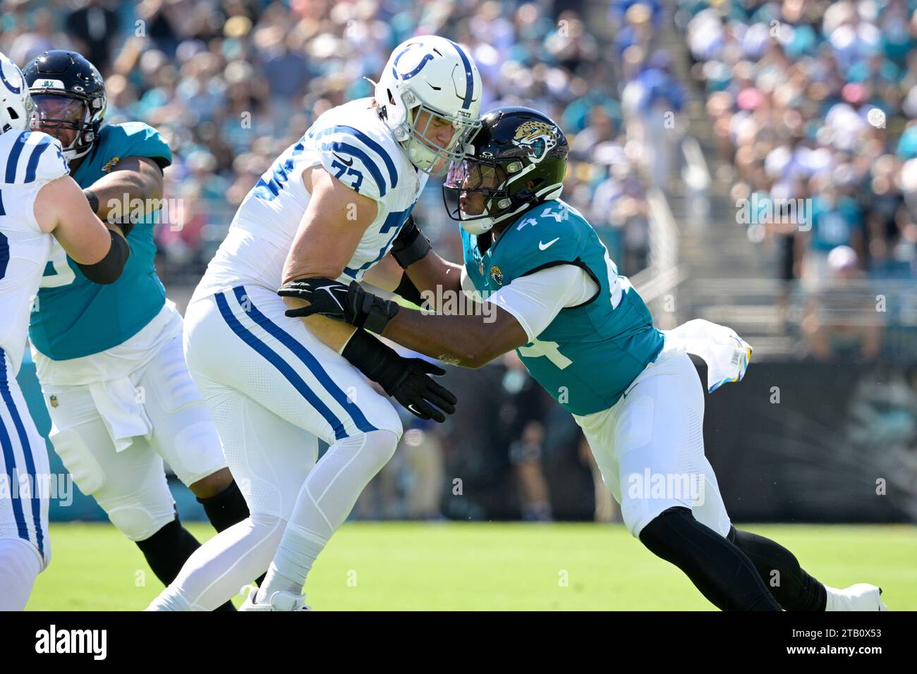 Indianapolis Colts offensive tackle Blake Freeland (73) blocks against ...
