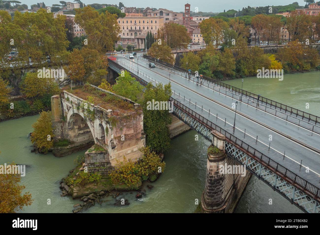 Aerial drone view of ponte emilio or ponte rotto, oldest bridge in the ...
