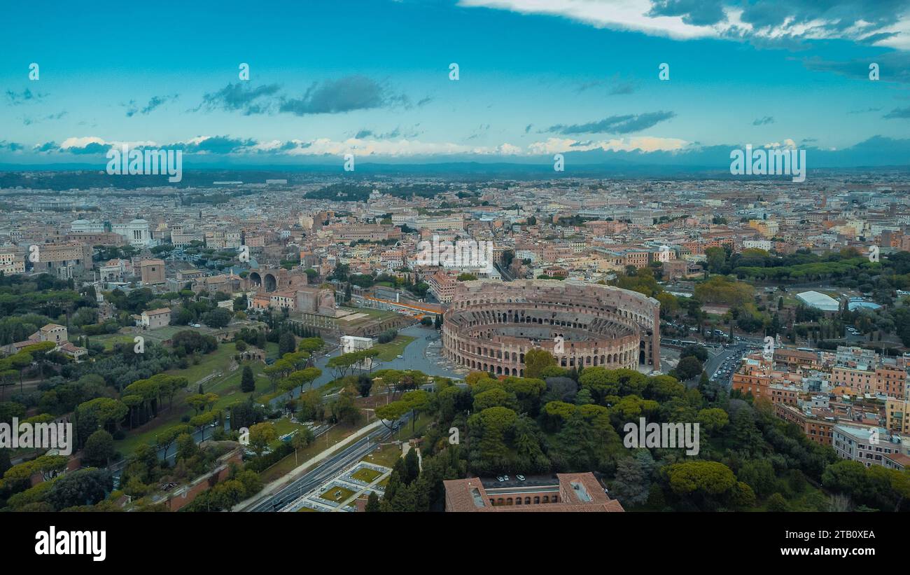 Aerial drone view of Colosseum in rome on an autumn morning, wiewed ...