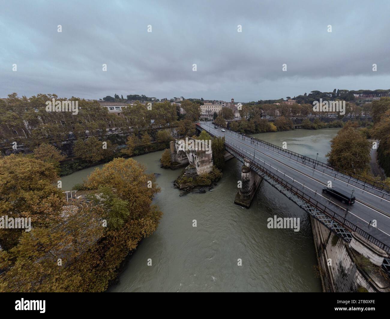 Aerial drone view of ponte emilio or ponte rotto, oldest bridge in the ...