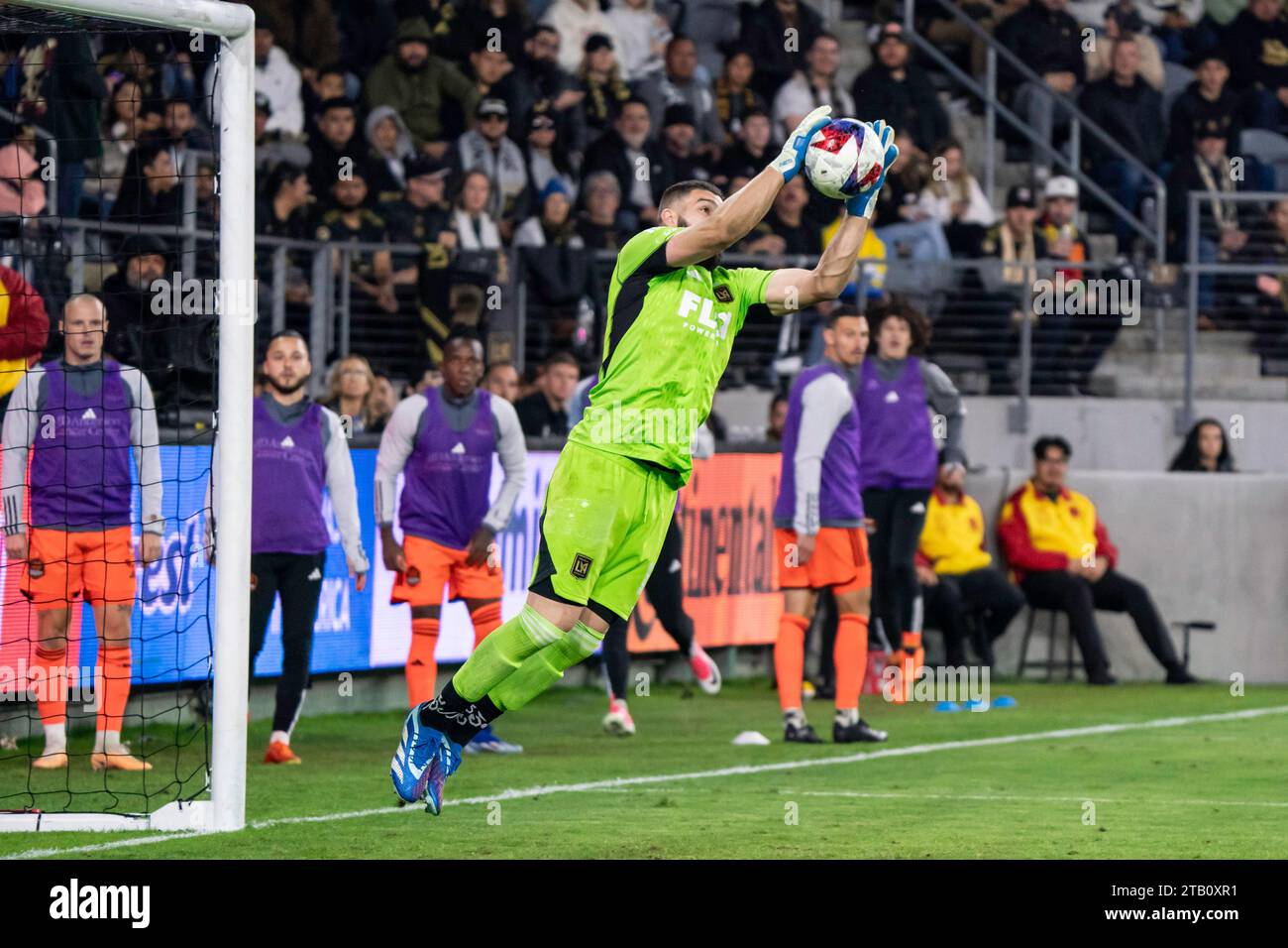 LAFC goalkeeper Maxime Crépeau (16) stops a shot during the MLS Western Conference Final match ...