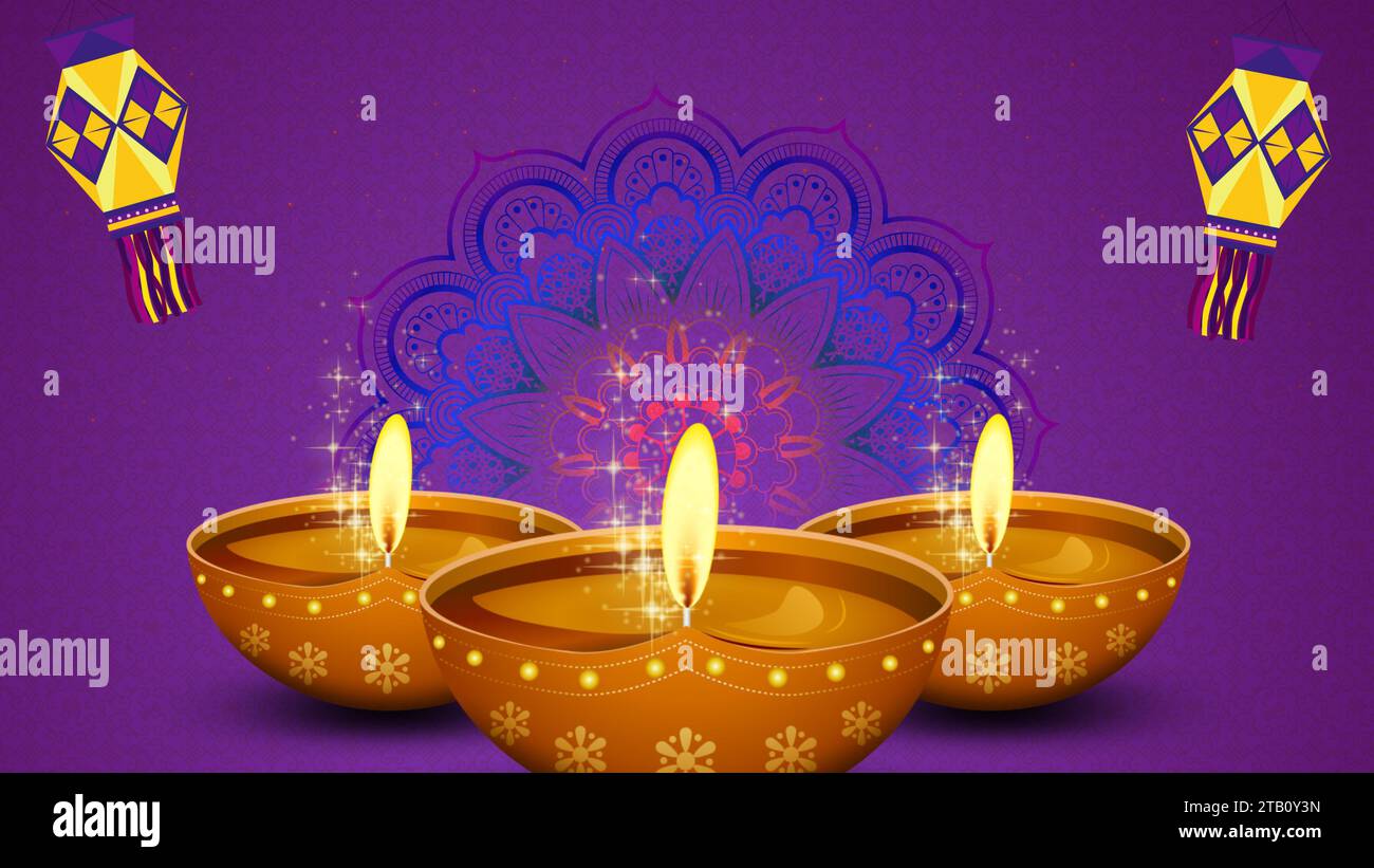 Happy Diwali festival of lights Colourful Skylamp with decorative diya ...
