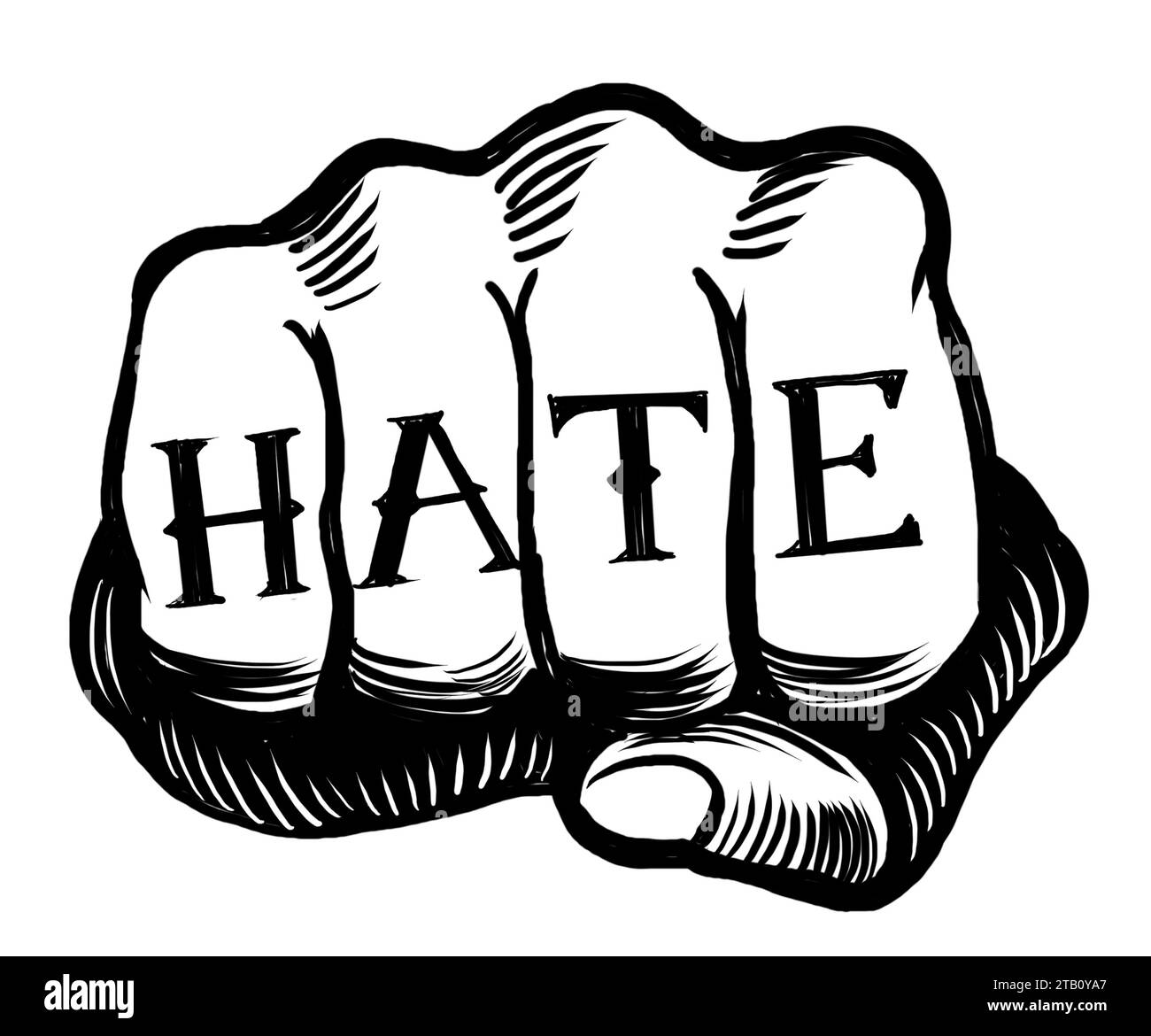 Hand with a HATE tattoo. Hand-drawn black and white illustration Stock ...