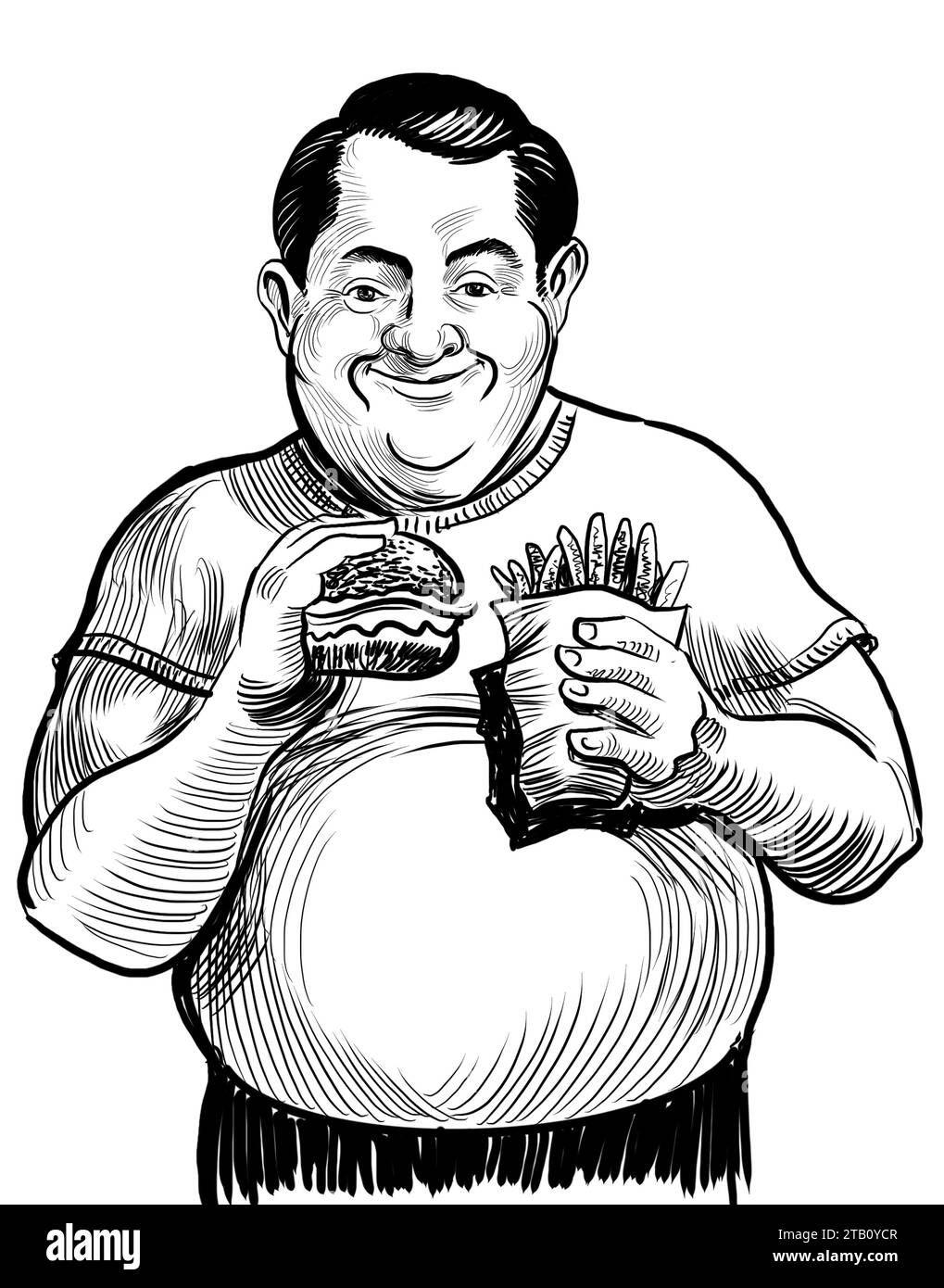 Man eating fast food. Hand-drawn black and white illustration Stock ...