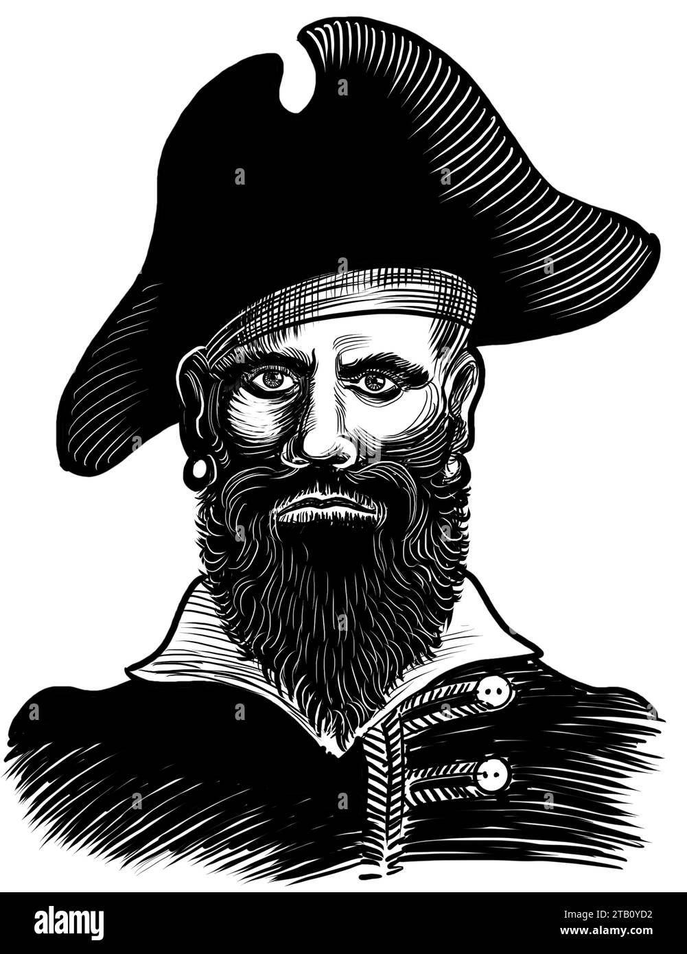 Pirate captain. Hand-drawn black and white illustration Stock Photo - Alamy
