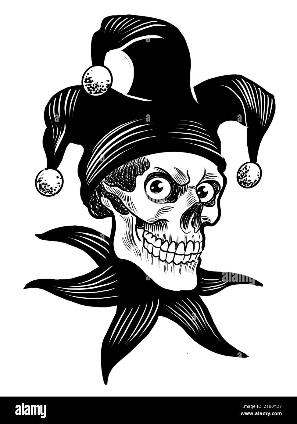 Jester skull in hat. Hand-drawn black and white illustration Stock ...