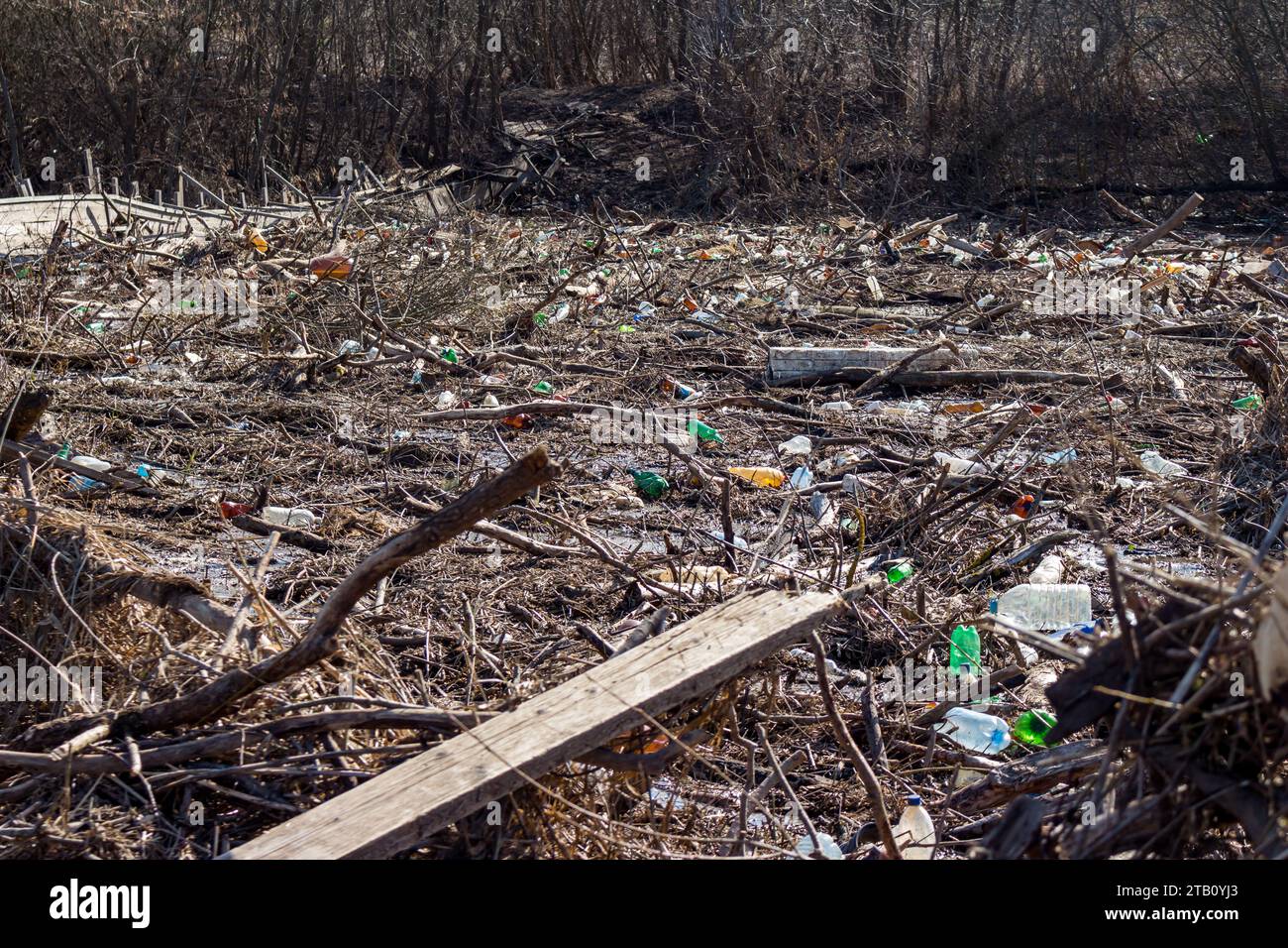 A large garbage jam blocking the riverbed with a pile of dry branches ...