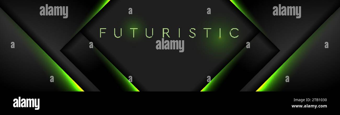 Black tech abstract banner design with green neon laser lines. Glowing ...
