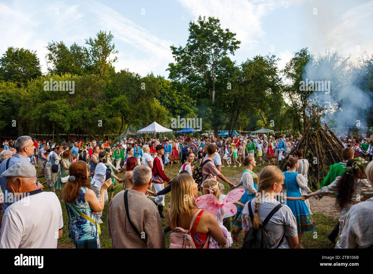 Round dance around the fire at the Ivan Kupala holiday dedicated to the ...