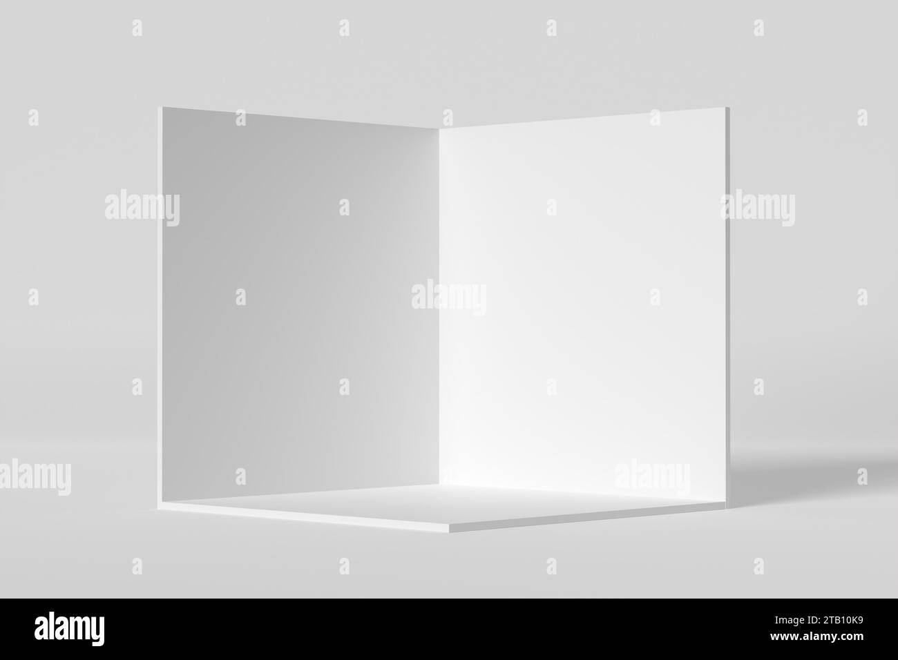 Cross section of a cube box in white room interior. Empty geometric ...