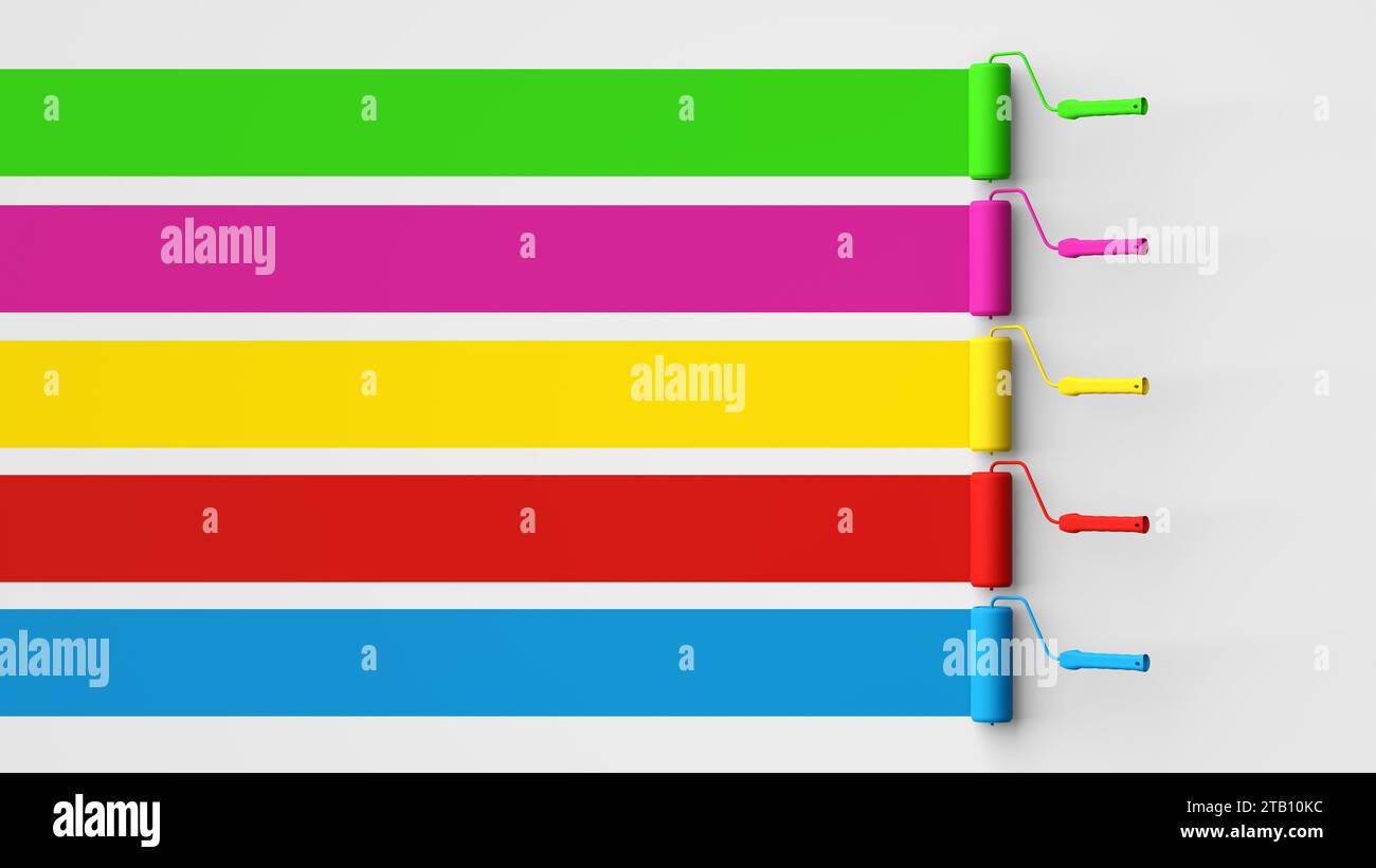 Paint roller brushes with vibrant color trails on white background ...