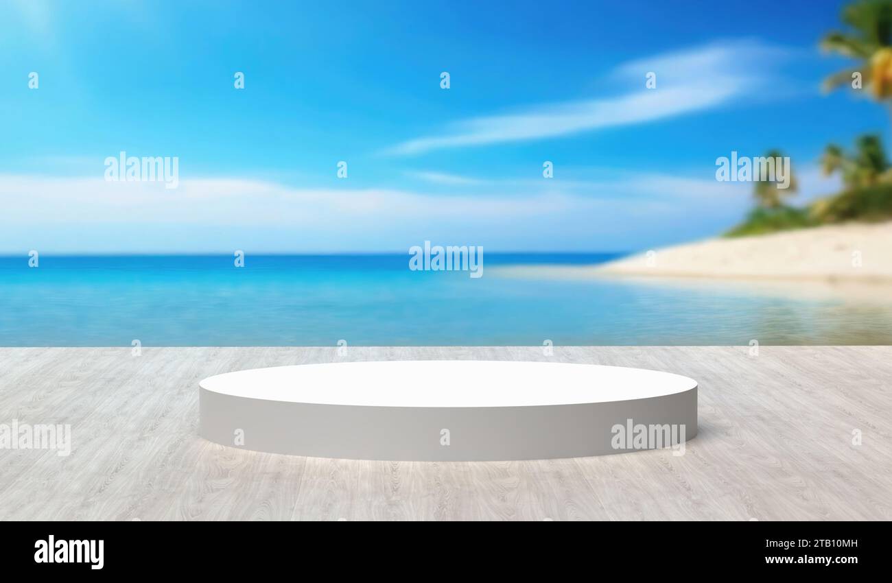 White round platform on wooden deck with blurred beach background. Mock ...