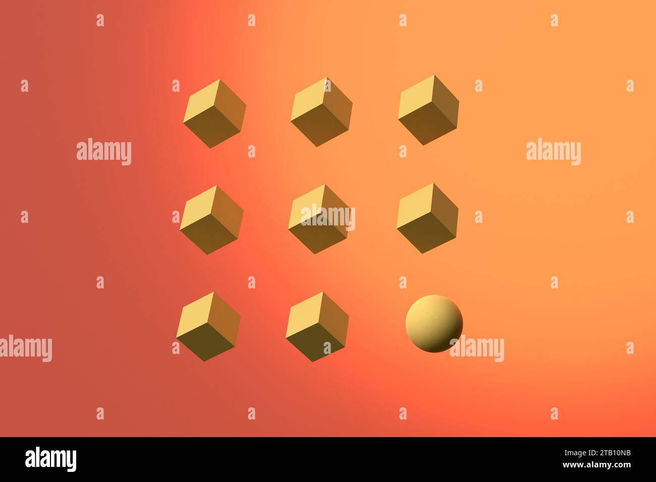 A sphere stands out from the crowd with levitating cubes in a row. 3D ...