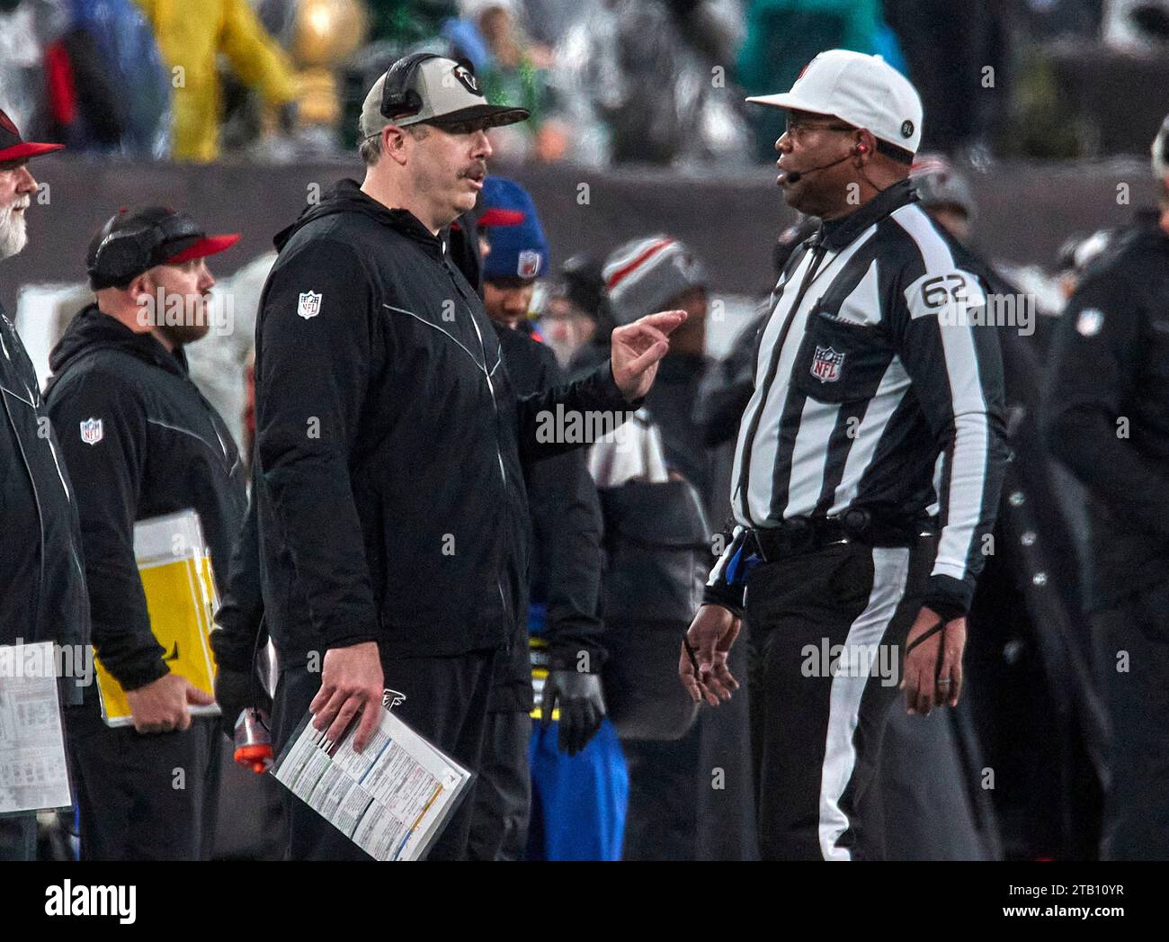 Atlanta Falcons head coach Arthur Smith questions a call with referee ...