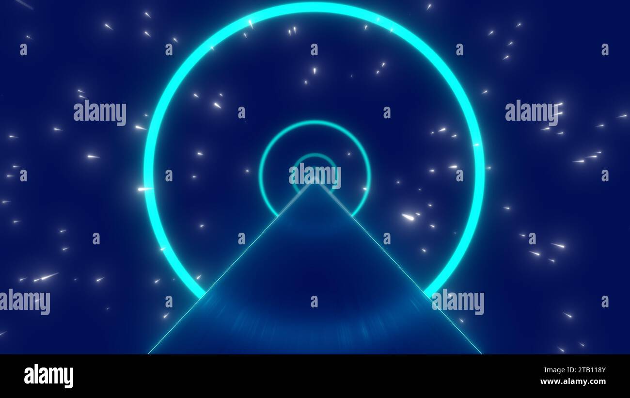Abstract futuristic neon ring tunnel loop with starfield background ...