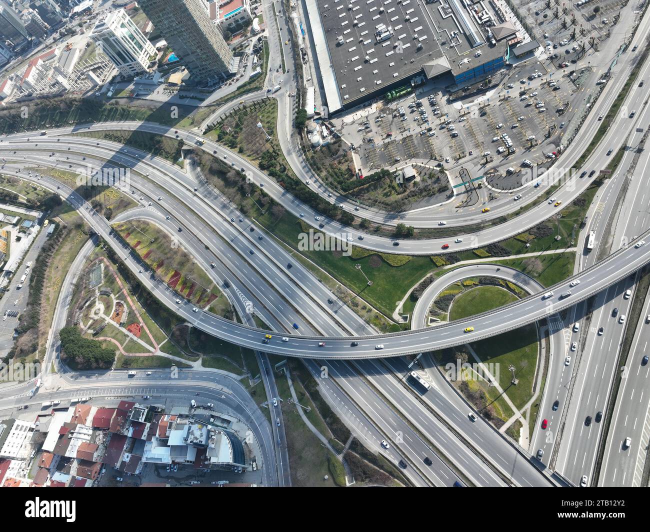 Aerial View Modern Multilevel Motorway Junction with Toll Highway, Road ...