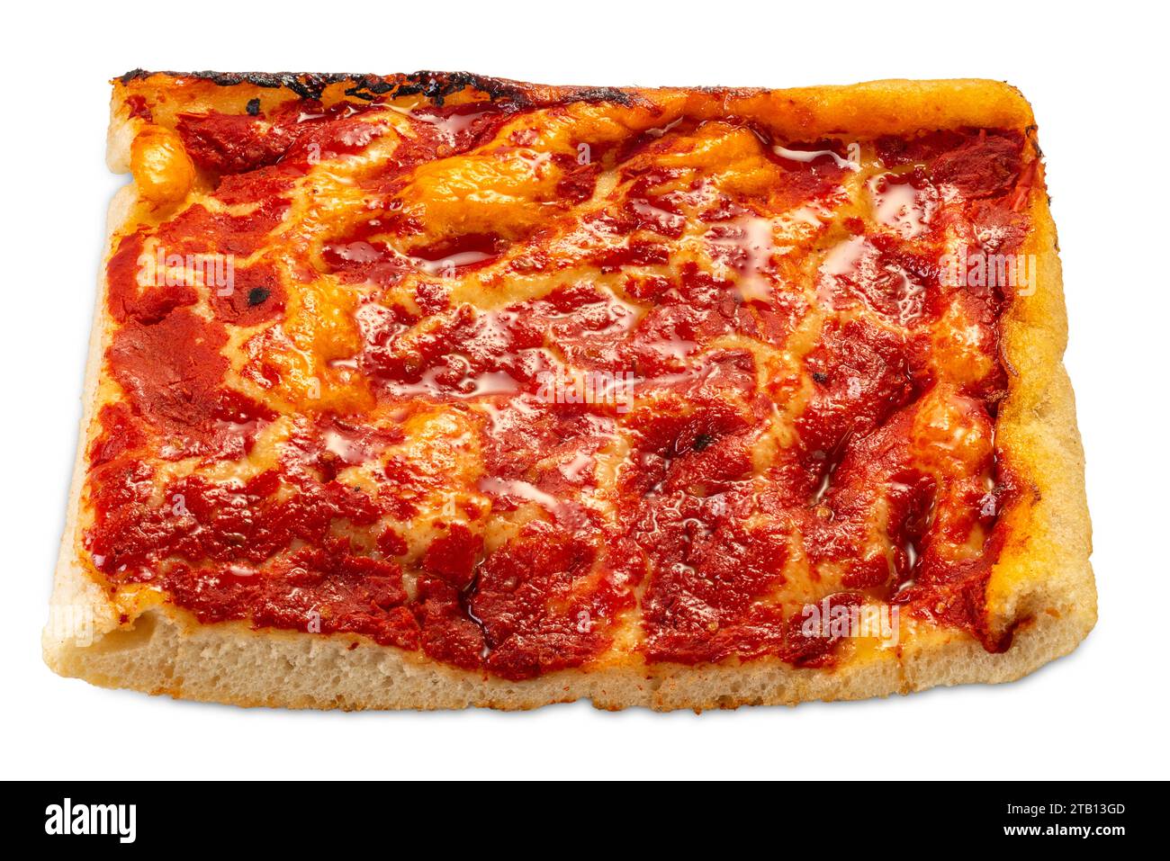 Square slice of pizza with tomato sauce and olive oil isolated on white ...