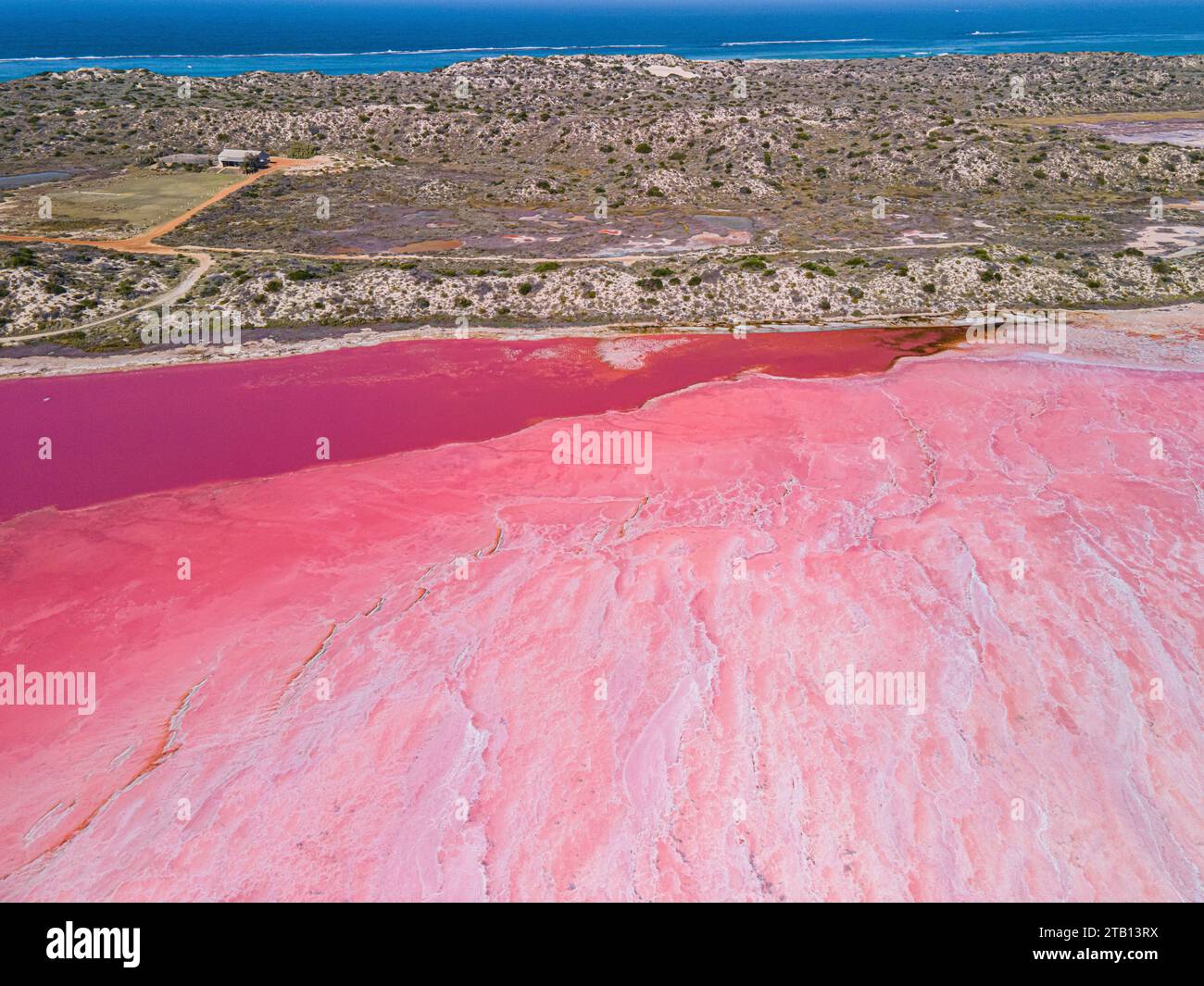 An aerial view of the vibrant pink lake, Hutt Lagoon, in Western ...