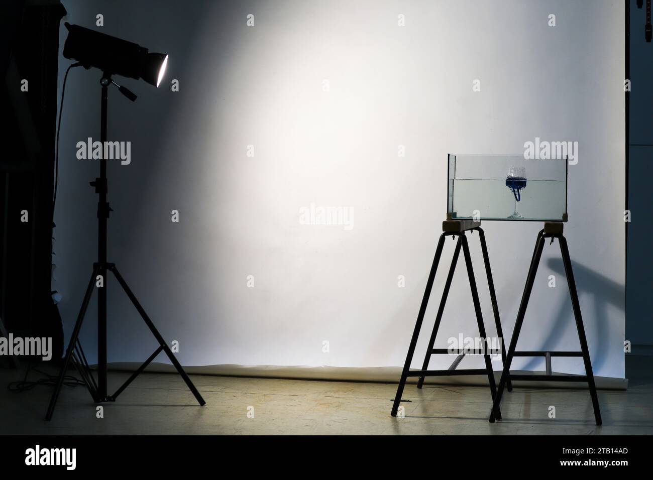 Photography studio with a fish water tank for underwater product ...