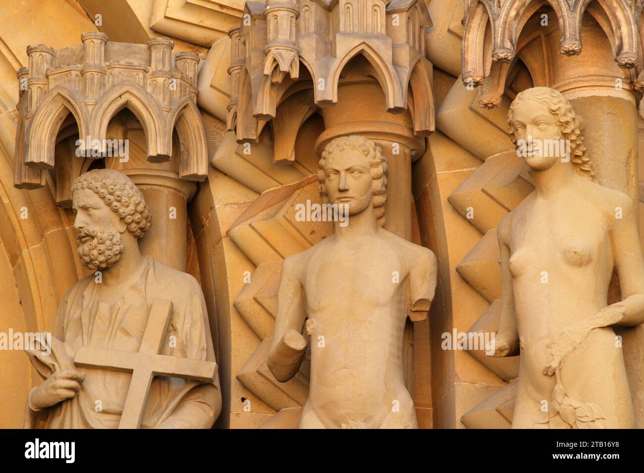 A close-up of statues of men in a stately pose in Nuremberg, Germany ...