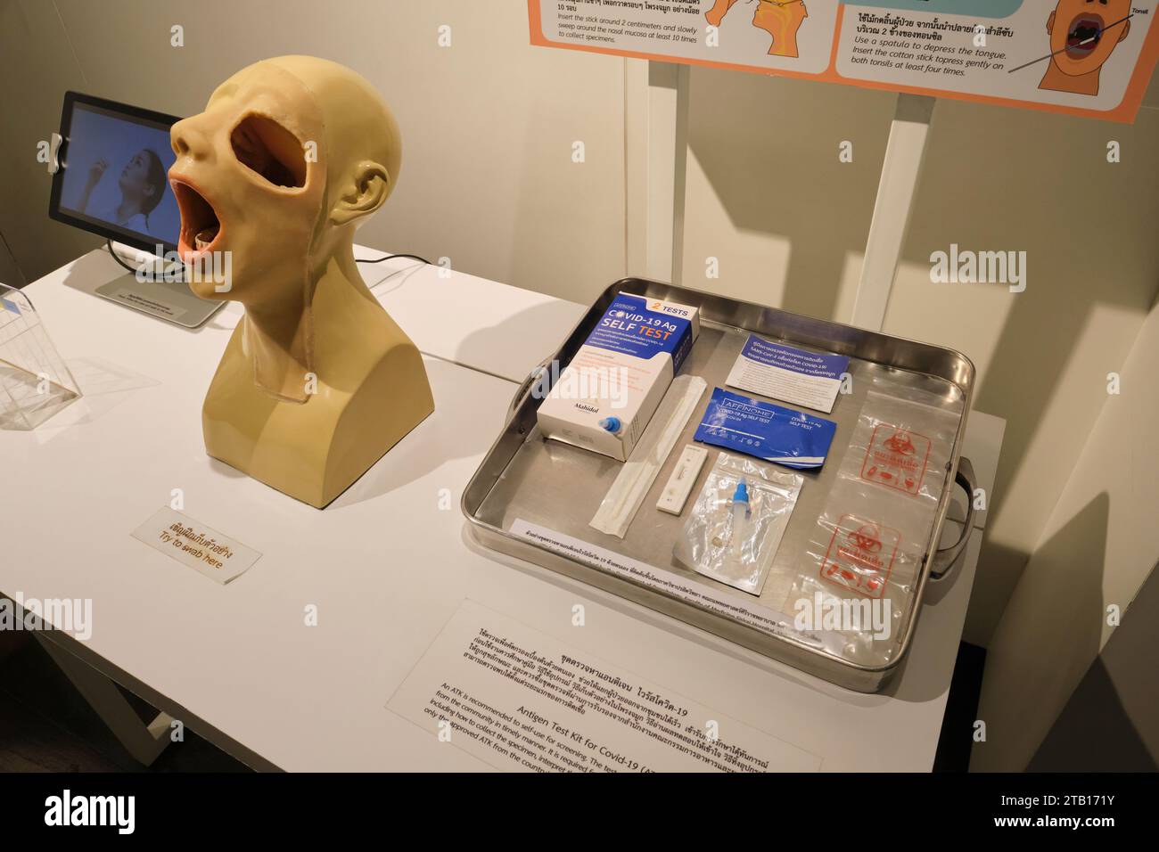 A display of a COVID virus test kit, complete with interactive head for ...