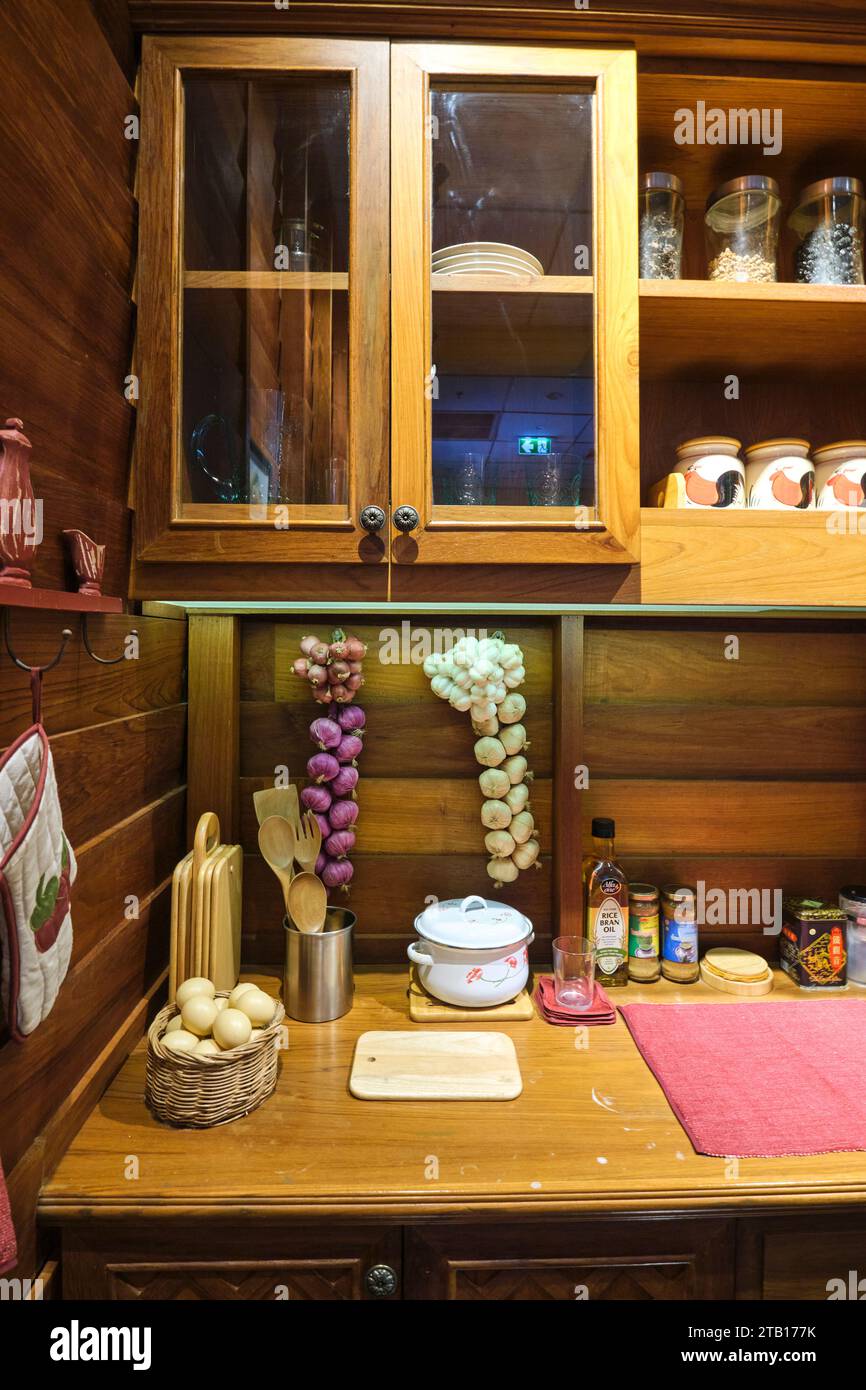 A recreation, display of a kitchen filled with healthy vegetables ...