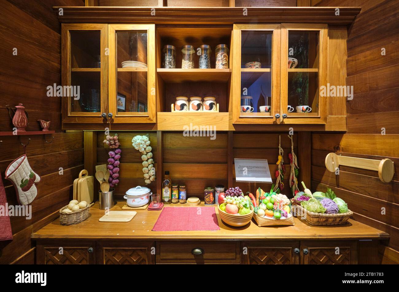 A recreation, display of a kitchen filled with healthy vegetables ...