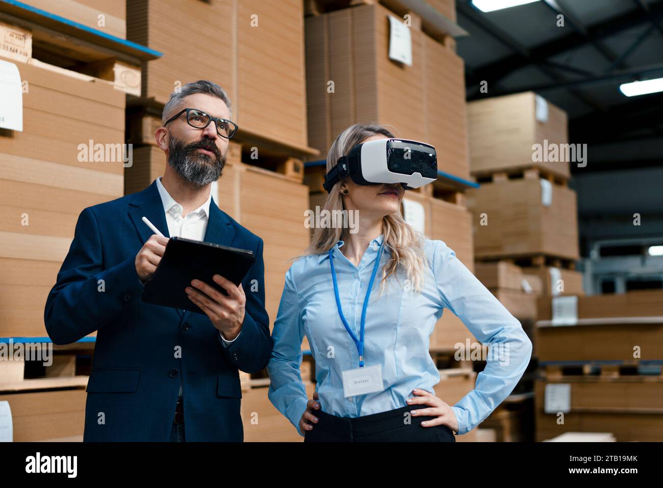 Warehouse managers talking logistics using VR, controlling stock levels ...