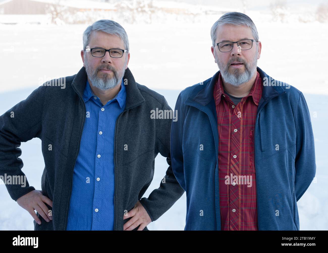 twin brothers age 56 standing side by side, computer generated out of 1 ...