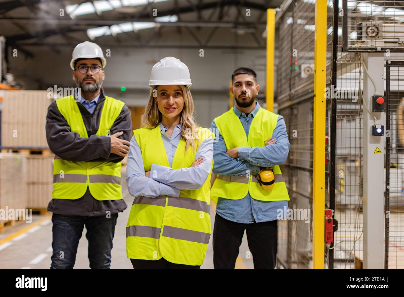 Portrait of team of warehouse employees standing in warehouse. Team of ...