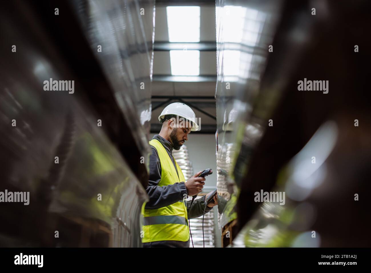 Warehouse worker holding scanner, scanning the barcodes on products in ...