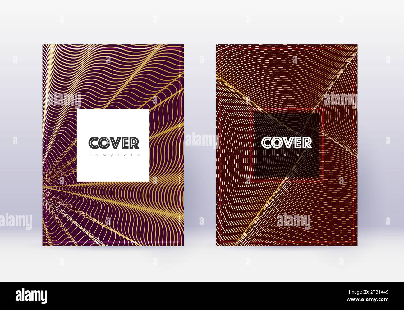 Hipster cover design template set. Gold abstract lines on maroon ...