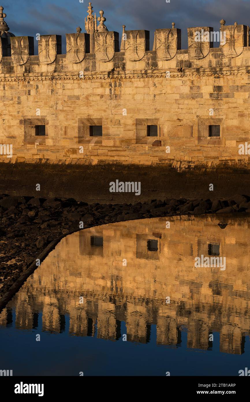 The Belem Tower wall with battlement, 16th century limestone ...