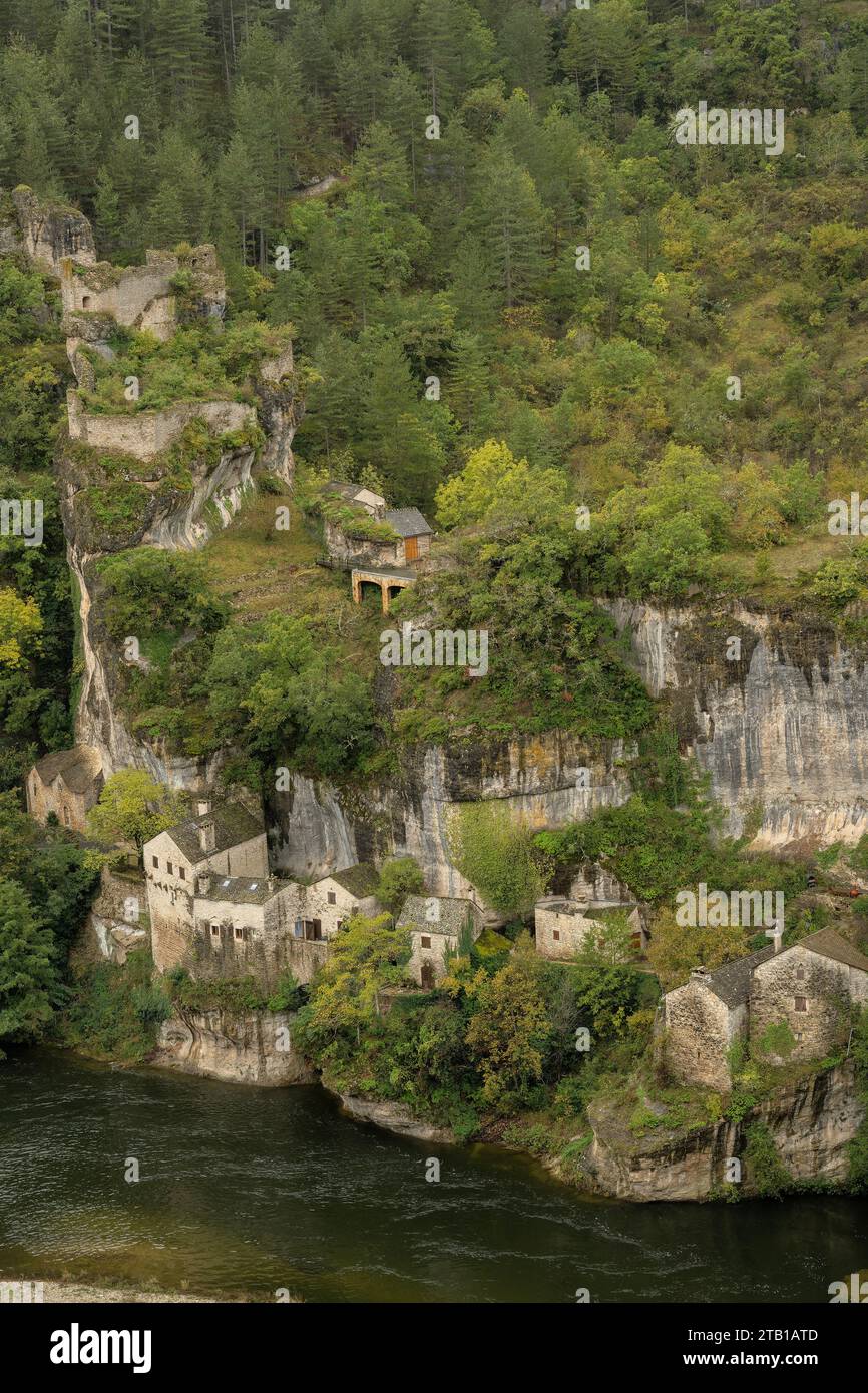 The medieval hamlet of Castelbouc, in the Gorges du Tarn, below the ...