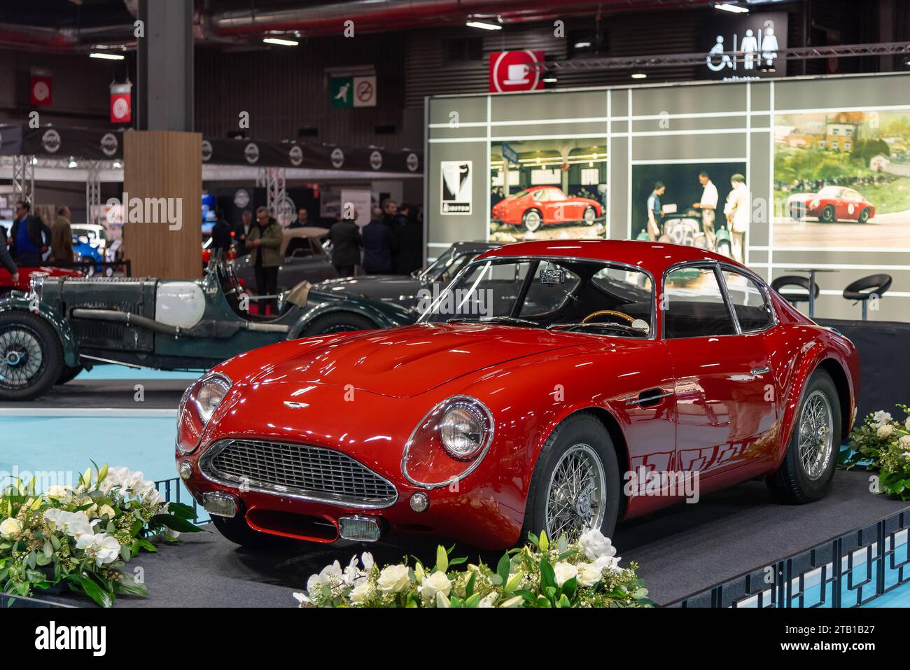 Paris, France - Rétromobile 2020. Focus on a red 1961 Aston Martin DB4 ...