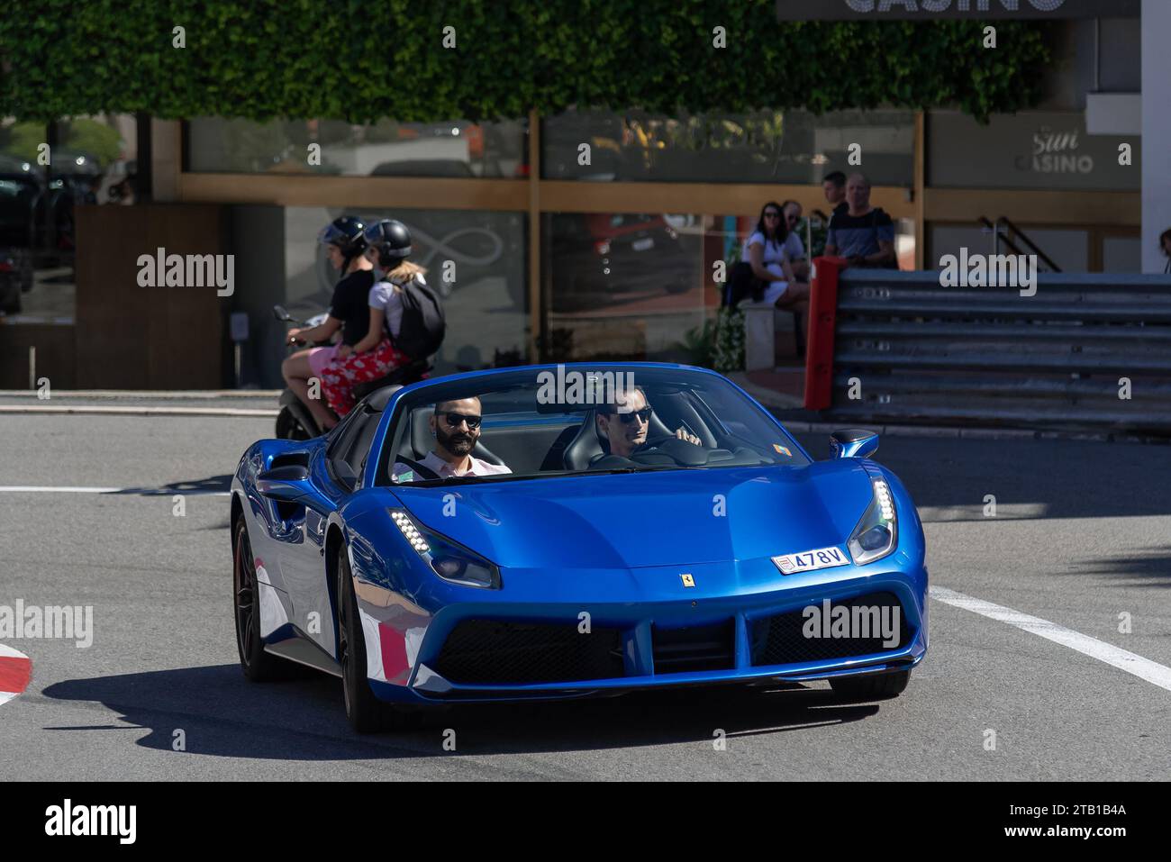 Monaco, Monaco - Blue Ferrari 488 Spider driving on the road in the ...