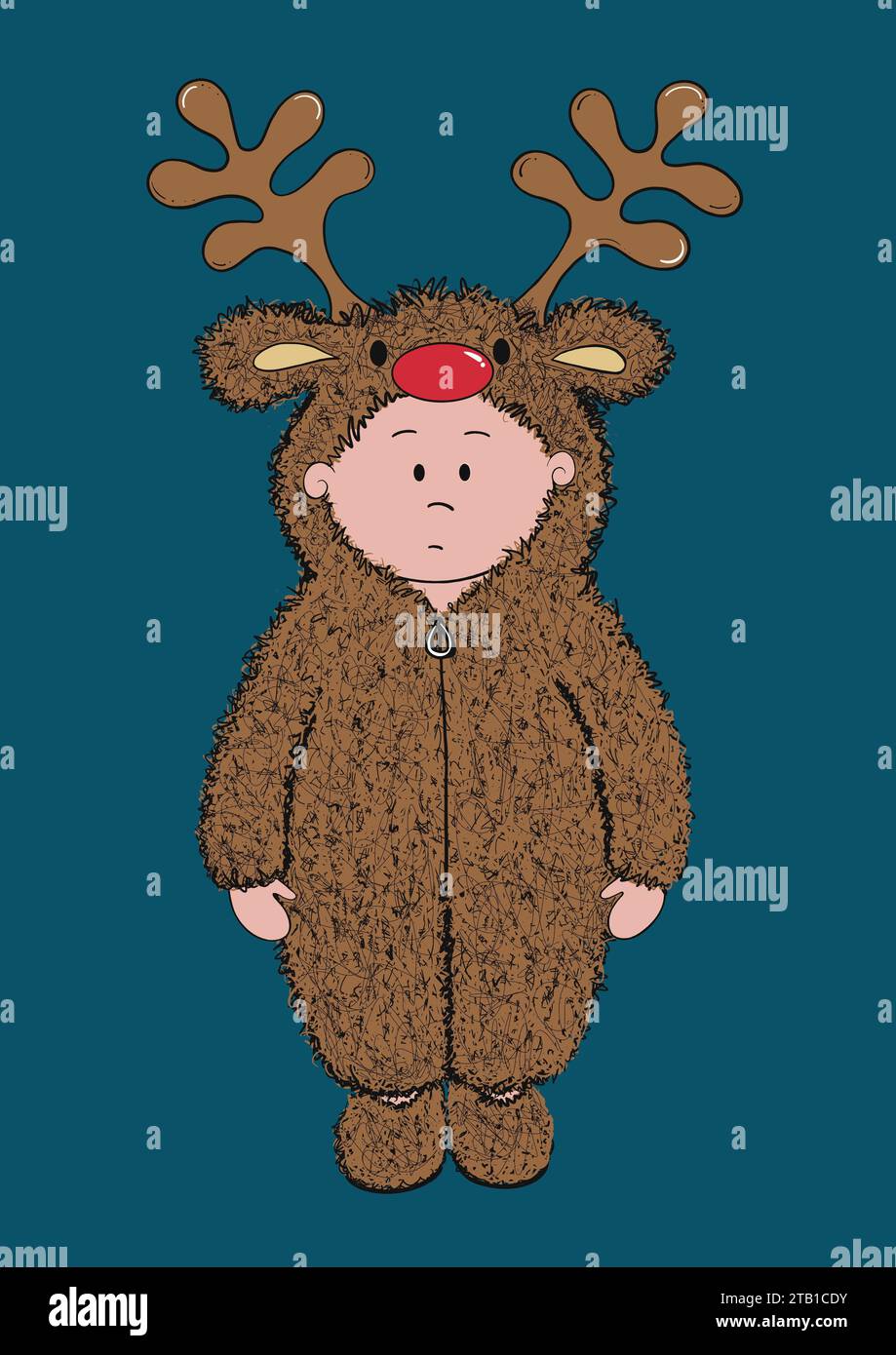 Cute young child in a red nosed reindeer onesie. Toddler dressed in a ...