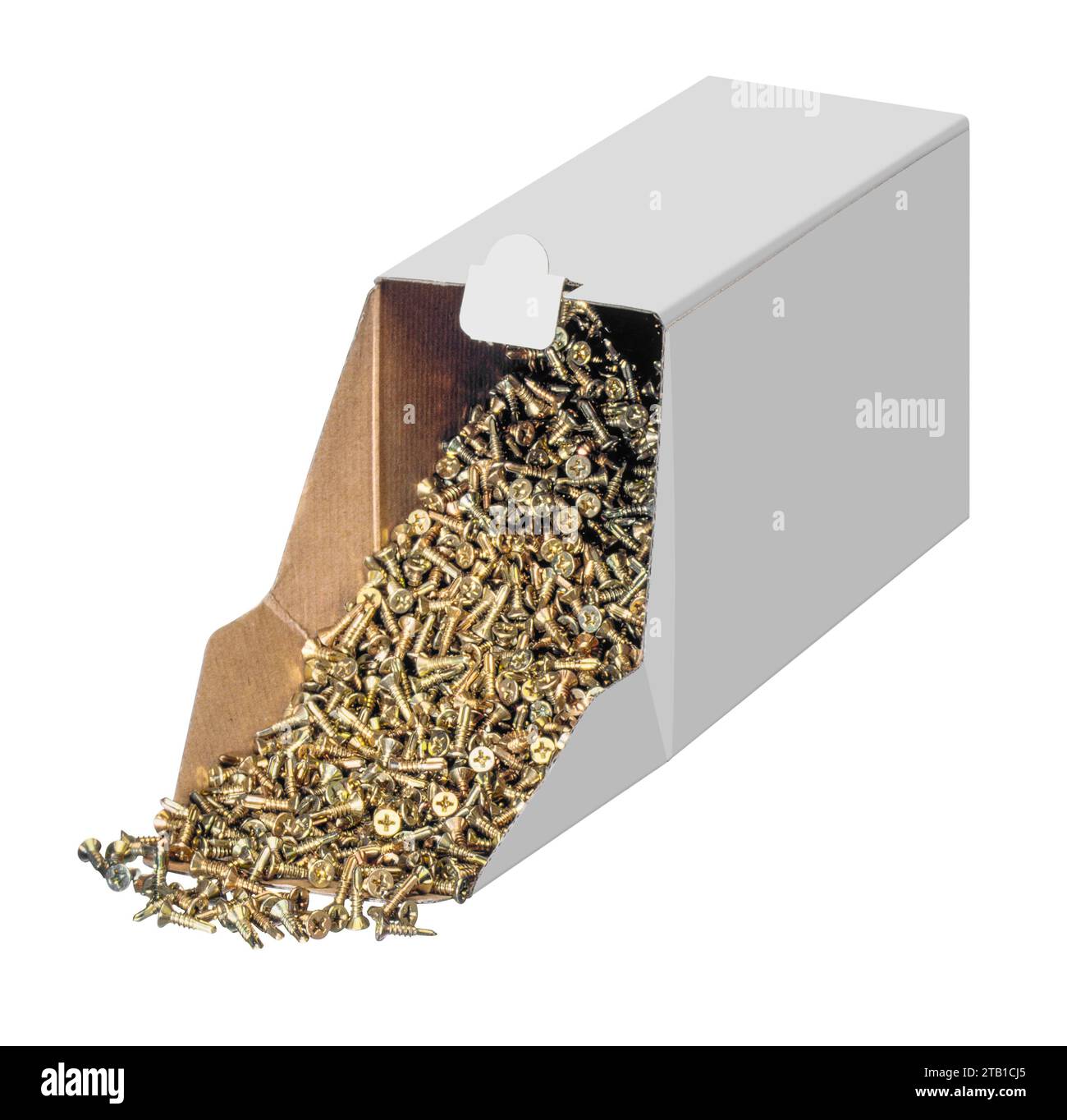 Lots of metallic screws in a tipped over cardboard box Stock Photo - Alamy