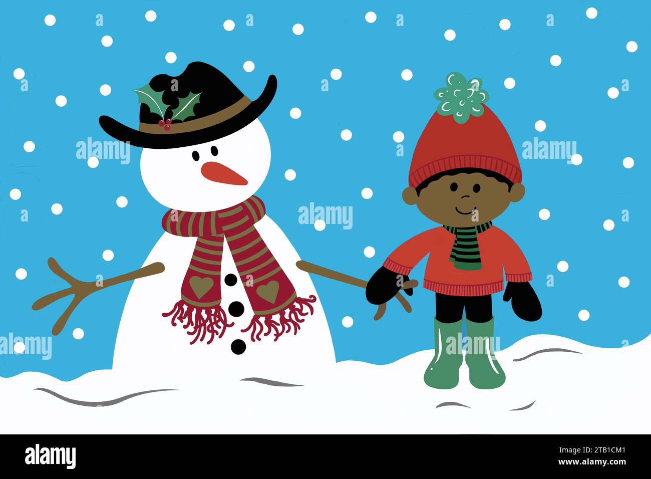 Snowman and boy on a cold snowy day. The two friends are holding hands ...